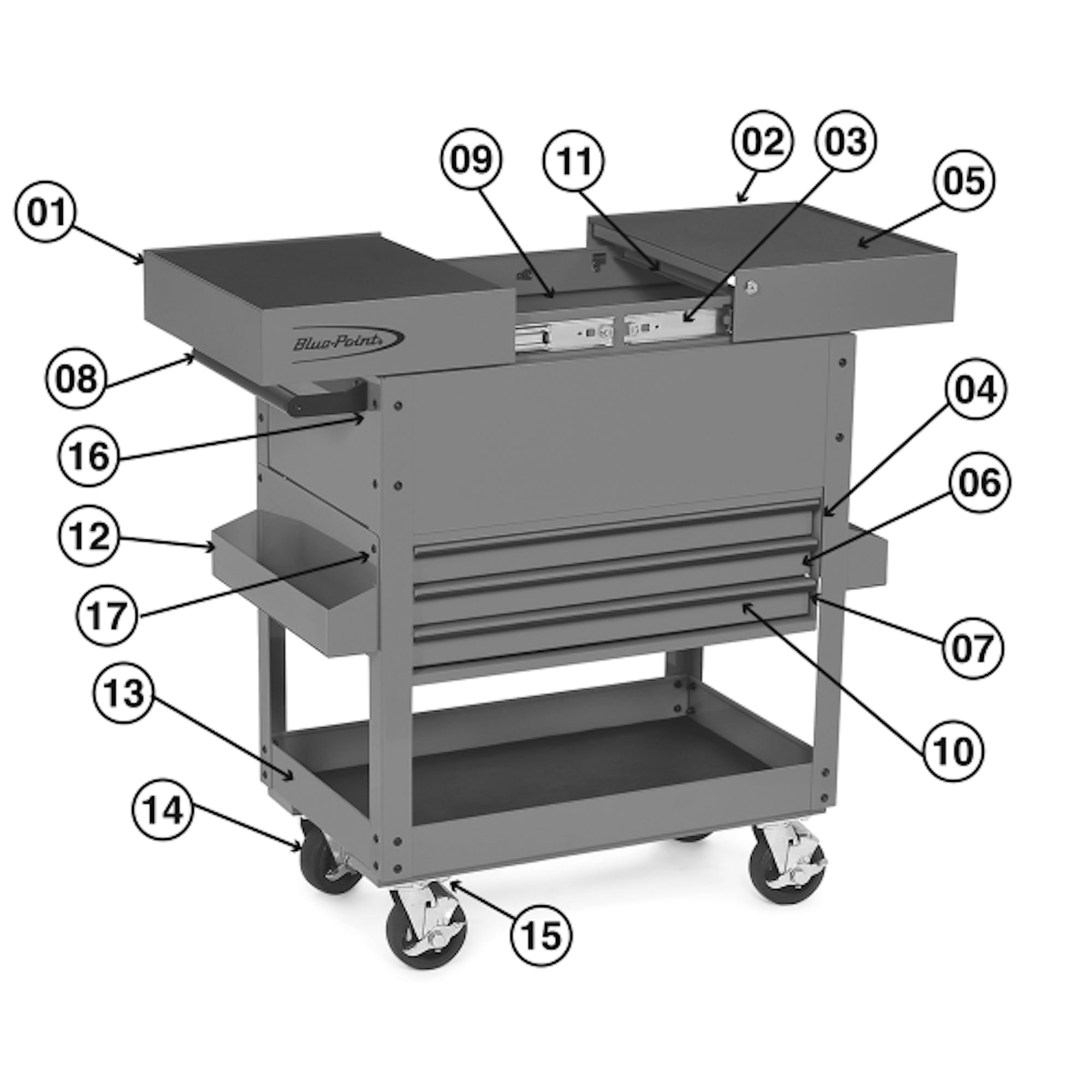 32" Sliding Lid, 12" Deep Top Compartment, Three-drawer Roll Cart (blue ...